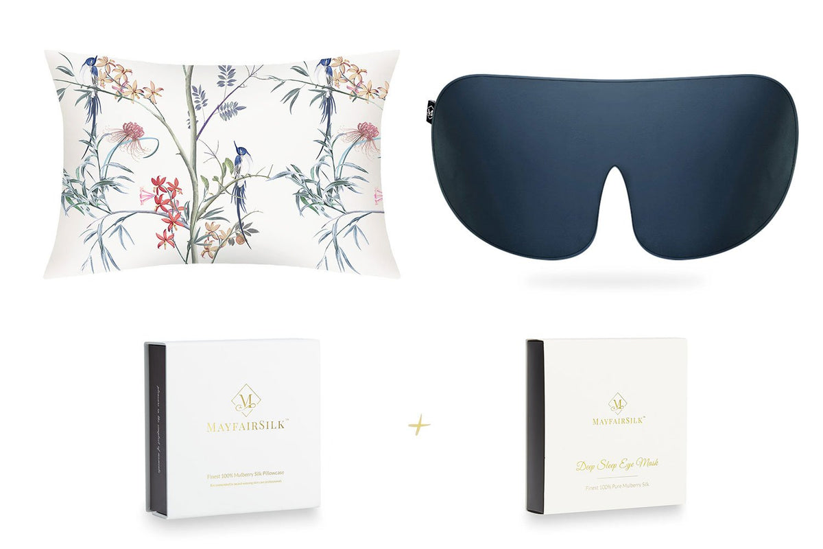 Hummingbird Silk Pillowcase & Blue Silk Sleep Mask Gift Set – Mayfairsilk